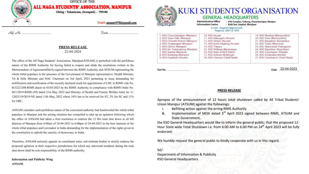 ANSAM, KSO backs ATSUM’s 12-hour bandh in Manipur hill districts on ...