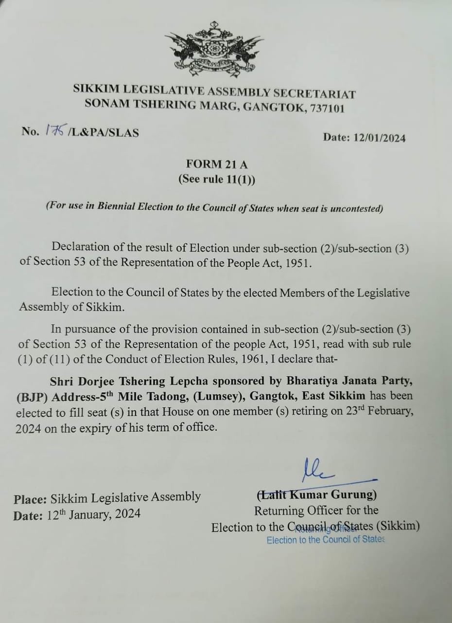 BJP's DT Lepcha elected unopposed as Rajya Sabha MP from Sikkim | Northeast Live