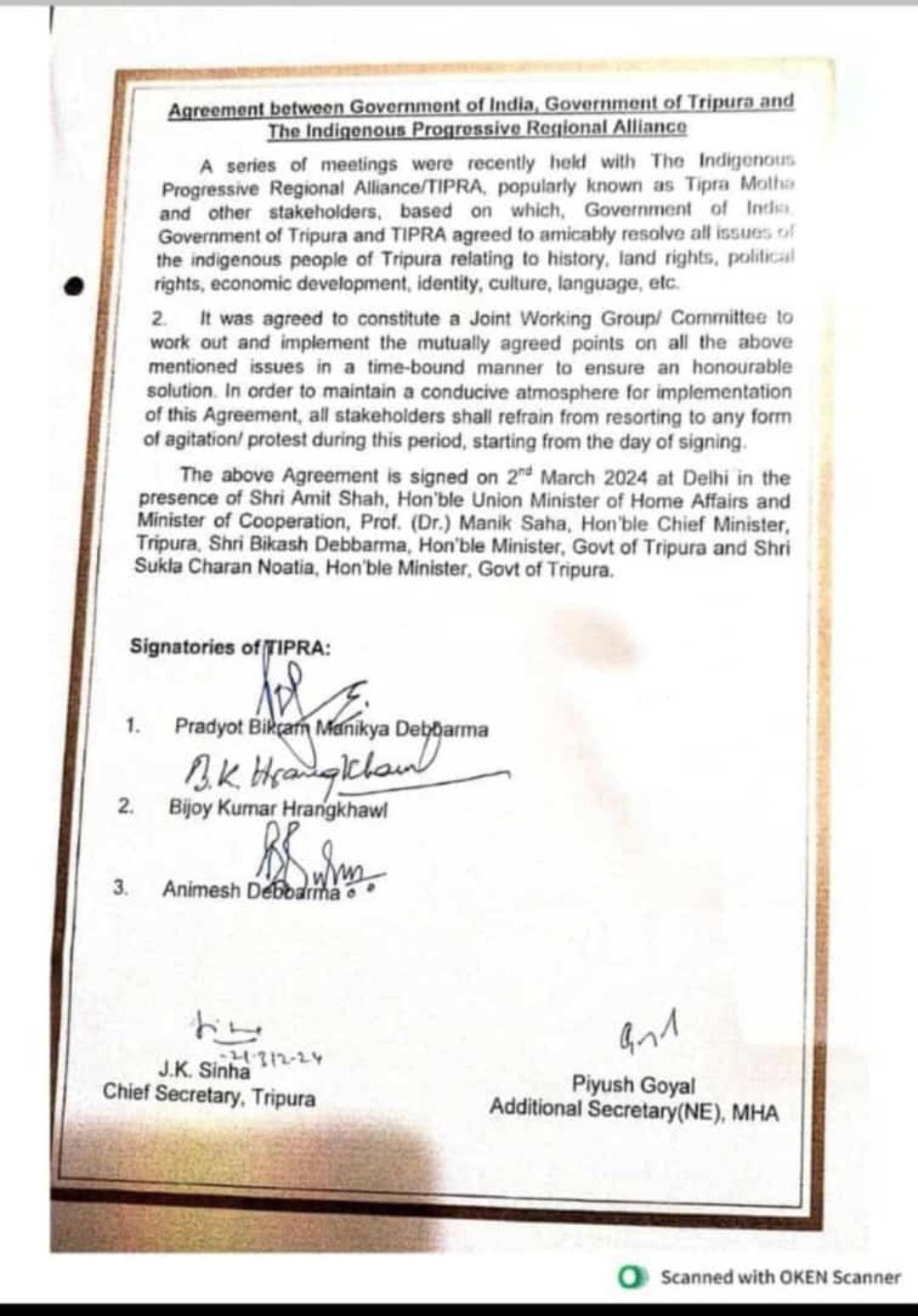 Tiprasa Accord signed: What does the Agreement say? Get details here. | Northeast Live