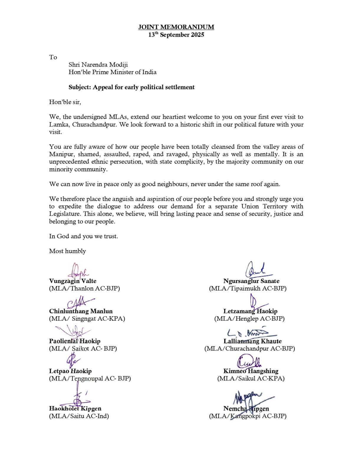 10 Kuki-Zo MLAs Submit Memo to PM Modi for ‘Separate Union Territory ...