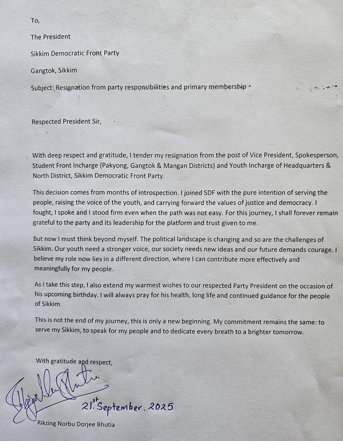 SDF Hit by Another Resignation: Youth Leader Rikzing Norbu Dorjee Bhutia Resigns from Party